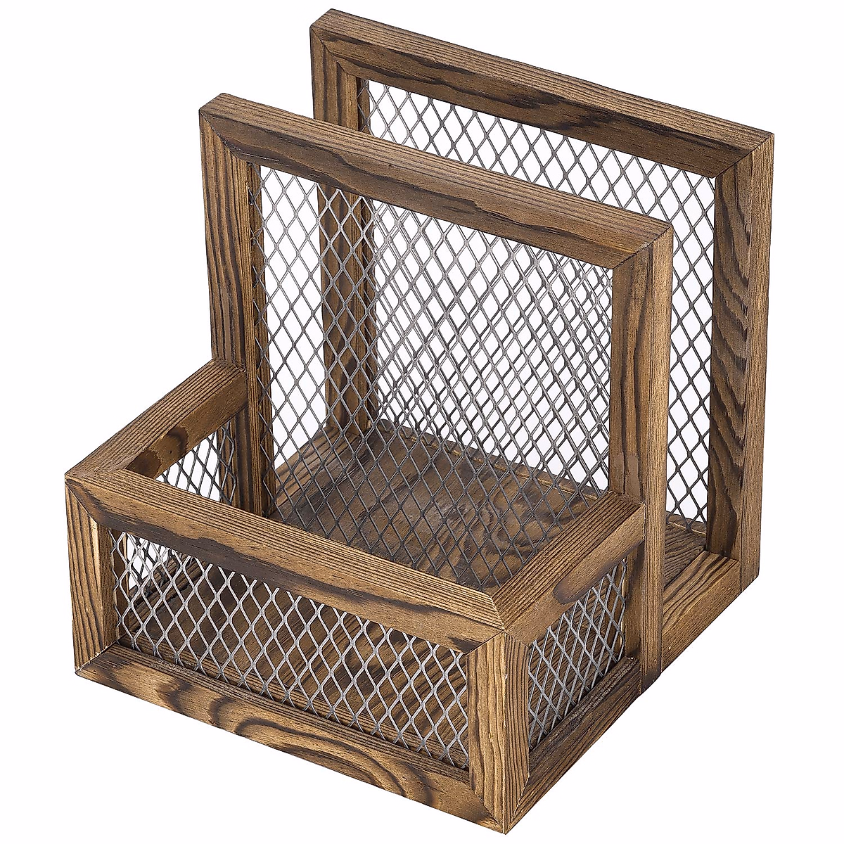 MyGift Rustic Burnt Solid Wood Farmhouse Napkin and Salt and Pepper Shaker Holder with Chicken Wire Side Panel Design, Kitchen Napkin Holder and Condiment Rack