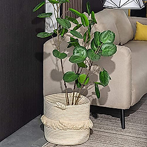 Woven Cotton Rope Farmhouse Storage Basket - 3 Pack 11 Inches Round Cube Decorative Organizer Bins with Cute Handles for Dog Toy, Clothes - Baby Girls Boys Nursery Decor