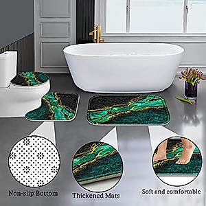 Poedist 4 Pcs Gold Edge Marble Bathroom Shower Curtain Set, Bathroom Sets with Shower Curtain and Rugs(Bath Mat,U Shape and Toilet Lid Cover Mat) and 12 Hooks-Green