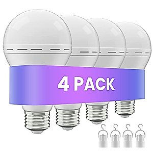 Emergency Rechargeable Led Light Bulb with Hook,Stay Lights Up When Power Failure, 1500mAh 12W 60W Equivalent LED Light Bulbs for Home, Camping, Hiking, 4 Pack