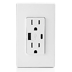 Leviton T5633-W 15-Amp Type A & Type-C USB Charger/Tamper Resistant Outlet, Not for Laptops, White