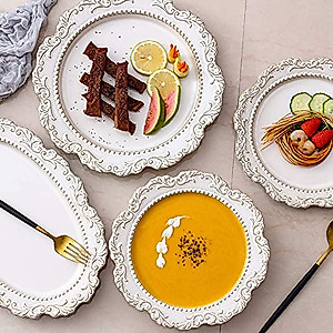 Stylish Dinner Plates,Ceramics Dinnerware Set, Cereal Bowl Soup Plate and Steak Plate Set of 24 | French Vintage Embossed Palace Style Porcelain Dinner Sets for Wedding Gift