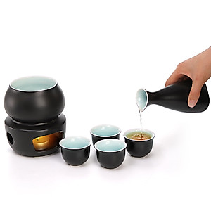 Foraineam Ceramic Sake Set with Warmer, Japanese Style Porcelain Hot Saki Drink Warmer Set, 7 Pieces Set Including 1 Stove, 1 Warming Bowl, 1 Sake Bottle, 4 Sake Cups