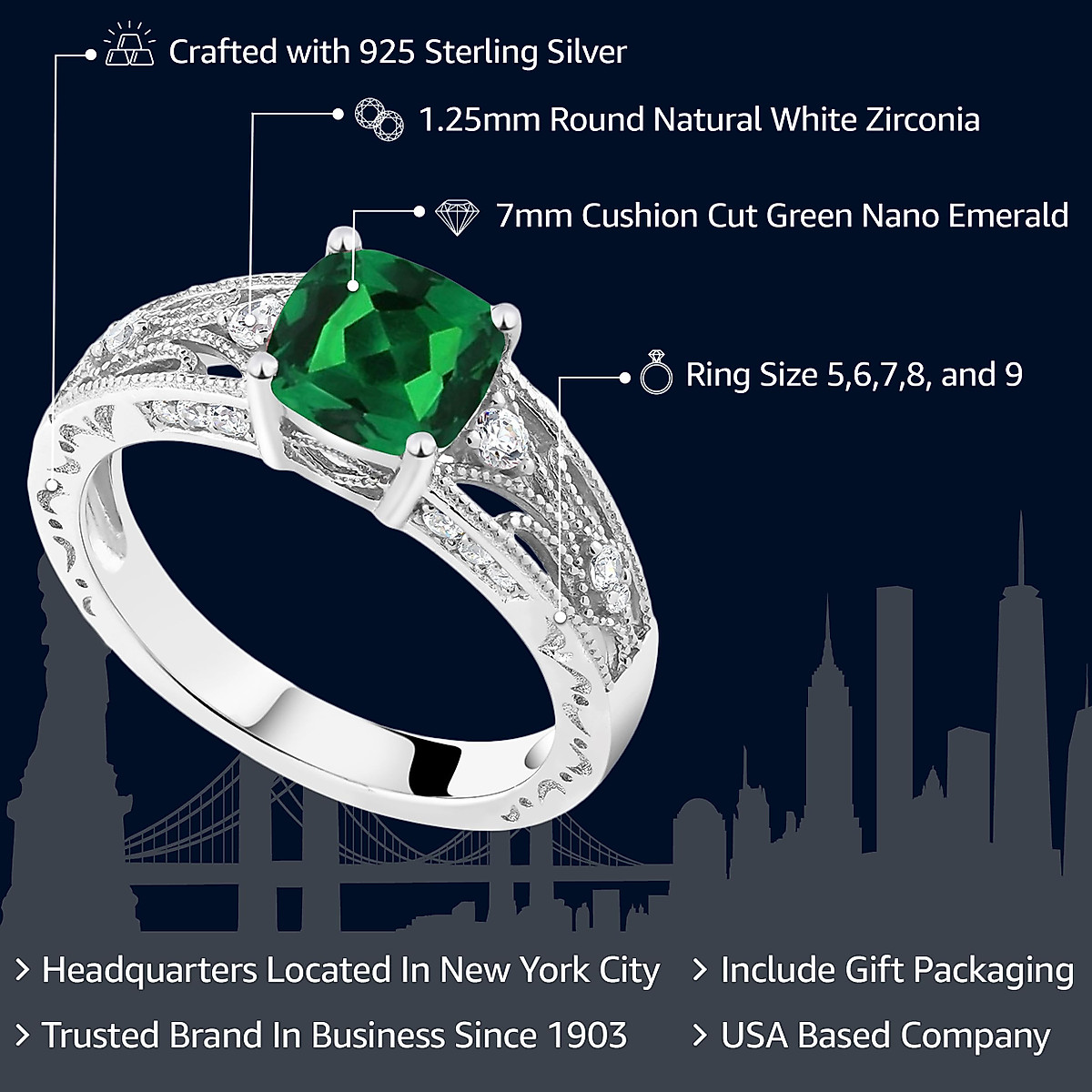 Gem Stone King 925 Sterling Silver Green Nano Emerald Engagement Ring For Women (1.16 Cttw, Cushion 6MM, Available in size 5, 6, 7, 8, 9)