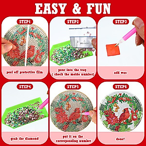 Yaomiao 8 Pcs Christmas Diamond Painting Coasters Ornament DIY Coaster Christmas Diamond Art Kits Cardinal Diamond Coasters for Kids Adults Beginners Art Craft Supplies Home Xmas Party Decoration