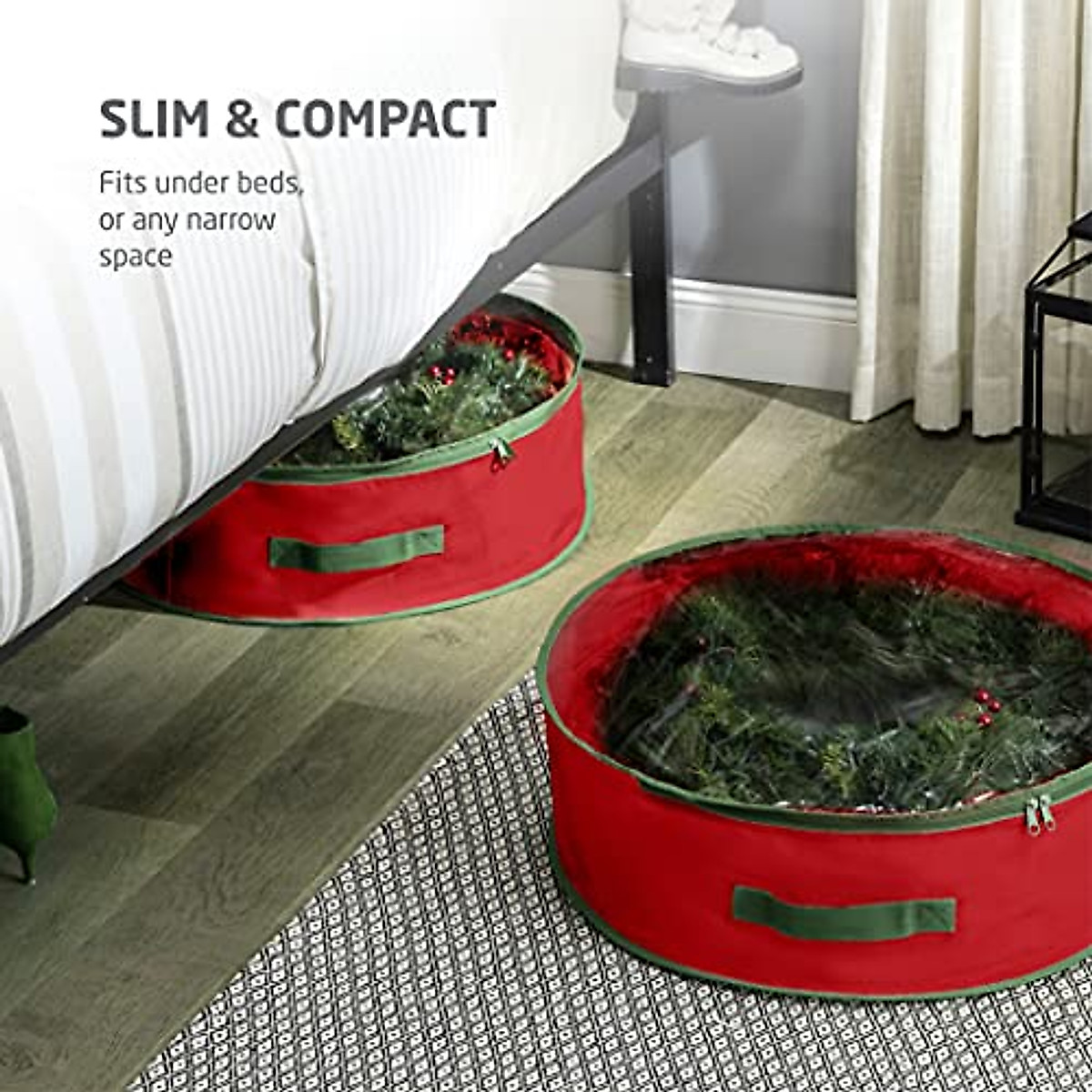 ZOBER 2-Pack Christmas Wreath Storage Container Clear Top 24-Inch, Breathable Non-Woven Material - Dual-Zippered Holiday Wreath Storage Bag & Durable Handles, Protect Artificial Xmas Wreaths