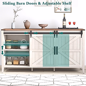 GlouMod 60 Inch Farmhouse 4 Drawers Dresser for Bedroom with Sliding Barn Doors, Natural Texture Wood Rustic Chest of Drawers for Living Room Bedroom Hallway Neoclassical White