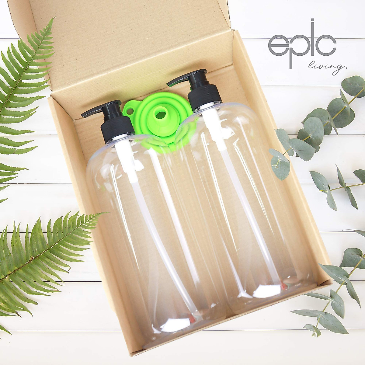 2 Pack Empty Pump Bottles - Plastic Pump Dispenser Bottle With Black Pump, Gift Box, And Collapsible Funnel For Hair Shampoo, Conditioner, Hand Soap, Laundry Detergent, And Hand Lotion