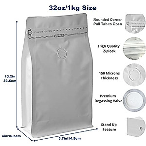 50 Count 32oz/1kg White Kraft Paper Coffee Bags - High Barrier Aluminium Foil Liner - Flat Bottom Coffee Pouches with Degassing Valve, Food Storage Bags with Rsealable Zipper & Easy Open Tape (50pcs, 32oz/1kg)