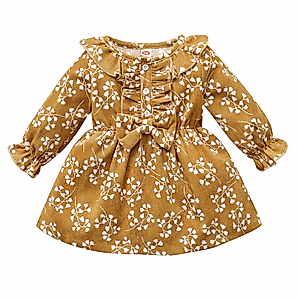 Newborn Baby Girl Fall Winter Corduroy Dress Ruffle Long Sleeve Floral Dresses Infant Flower Clothes (Brown, 0-3 Months)