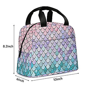 Lunch Bag, Cute Kids Reusable Cooler Lunch Tote Bag Insulated Leakproof Lunch Box Container with Front Pocket for Girls Boys School Work Picnic (Pink Meraid Scale)