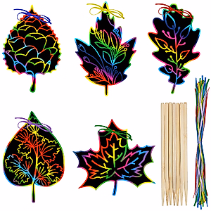 50 Pcs Scratch Art for Kids Fall Leaves, Fall Crafts for Kids Rainbow Scratch Paper for DIY Craft Autumn Decoration DIY Crafts Halloween Thanksgiving Gift