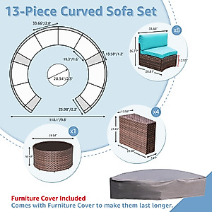 OC Orange-Casual 13 Pieces Sectional Outdoor Furniture, Half-Moon Curved Outdoor Sofa, All-Weather Brown Wicker with Round Coffee Table and Turquoise Cushions (Pillows & Waterproof Cover Included)