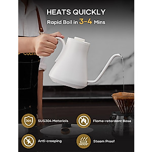 Cocinare Electric Gooseneck Kettle with Temperature Control, Pour Over Coffee & Tea, 1200W for 180-sec Quick Boil Time, Stainless Steel Kettle Water Boiler, 30oz/0.9L (White)