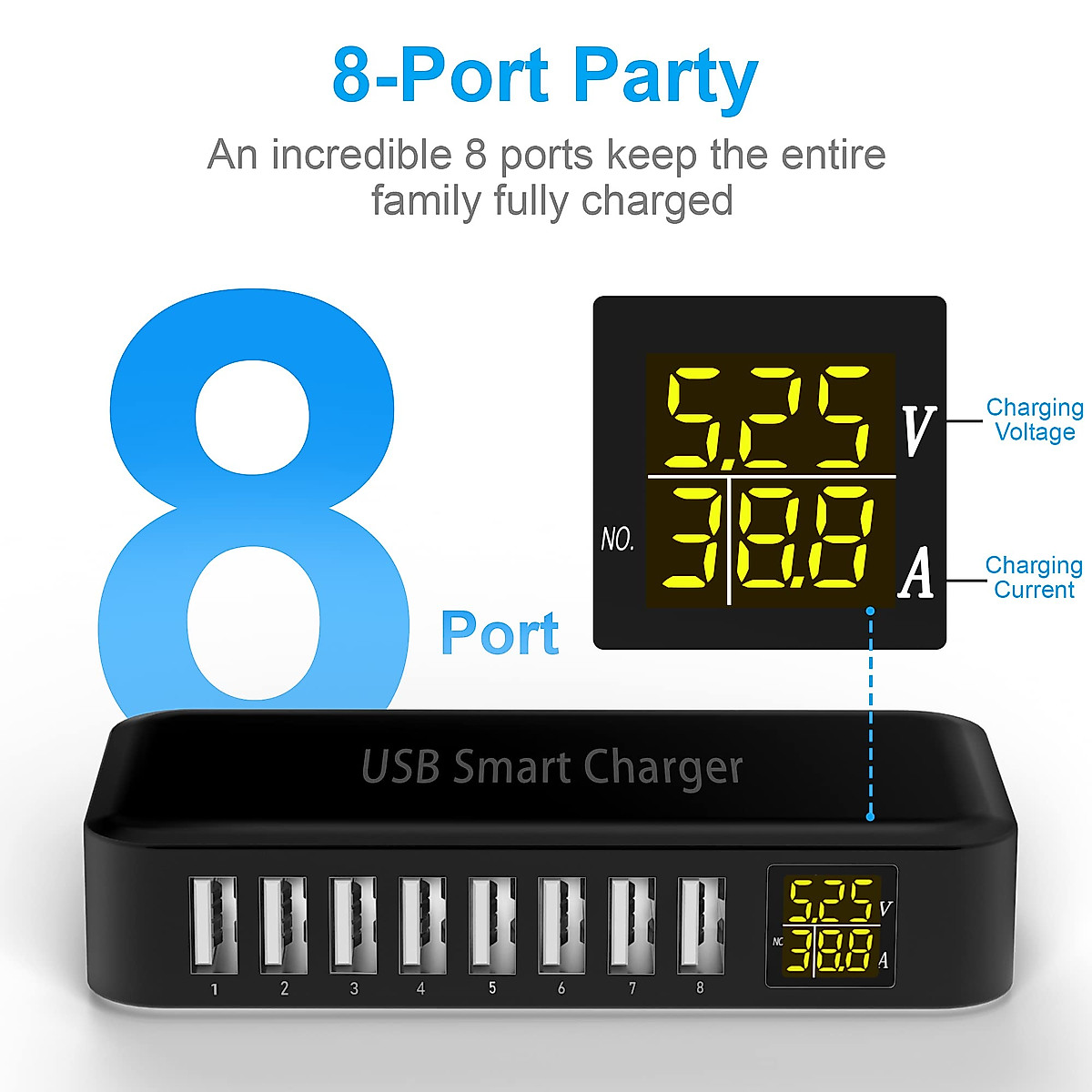 USB Charging Station, Ziwodiv 8-Port 60W/12A USB Charger Station, Multi Ports USB-A Charging Hub with LED Display, Compact Desktop Charger for Multiple Devices, iPhone iPad Samsung Android and Tablet