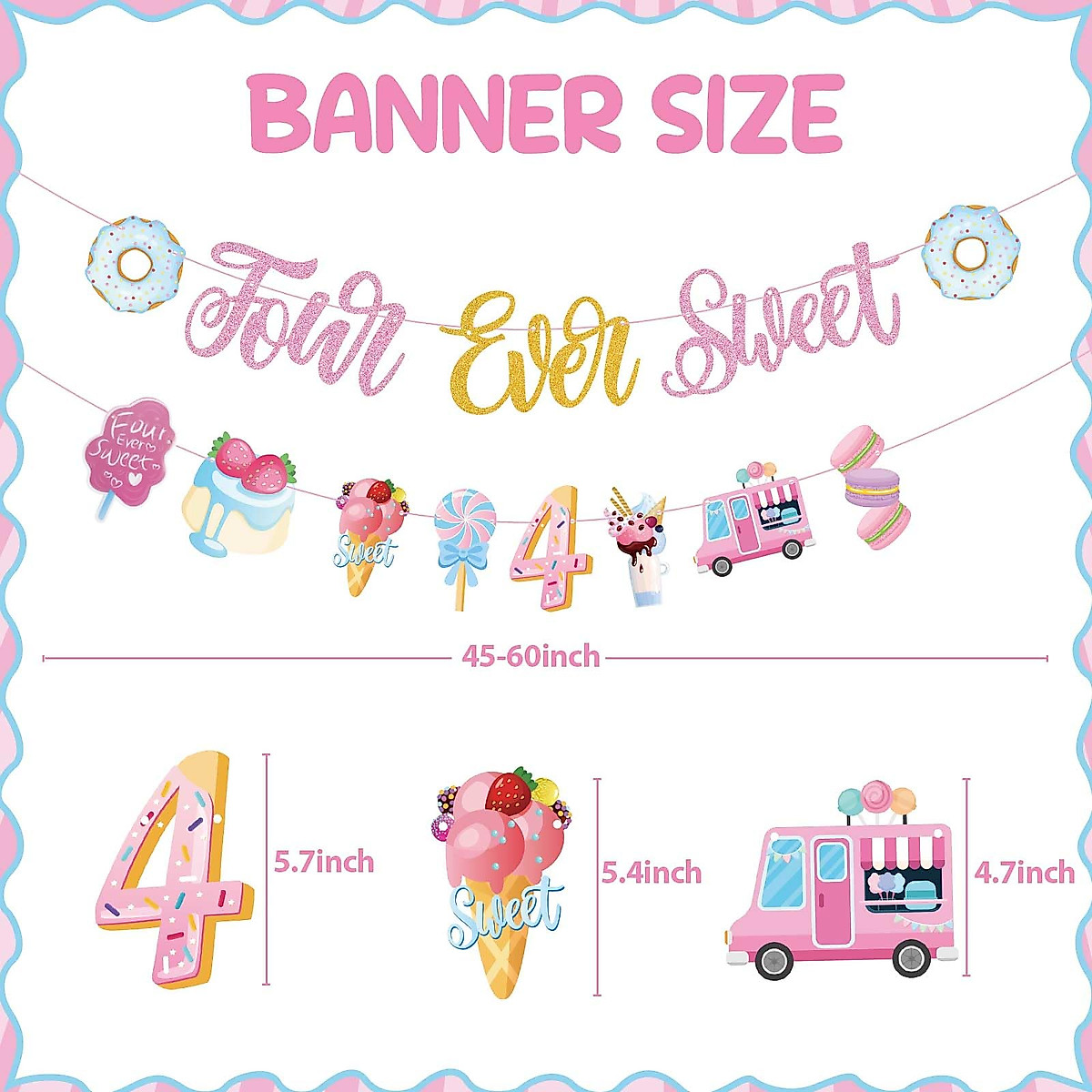 JUYRLE Four Sweet Birthday Decorations- 4 Ever Sweet Party Banner with Donut, Ice Cream, Macaron Pink Theme fourth Birthday Party Decor for baby Girls 4th Birthday Supplies