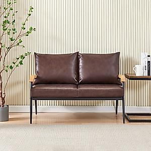 CLIPOP Mid Century Modern Accent Chair, Loveseat Sofa with Removable Backrest and Cushion, Upholstered Faux Leather Couch with Solid Wood Armrest Metal Frame Easy-Assembly, 43" W, Dark Brown