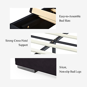 DEINPPA Luxury King Bed Frame with Built-in Gold LED Lights and Nightstands, King Size Platform Bed with Oversize Upholstered Headboard, No Box Spring Needed-Gunmetal Black