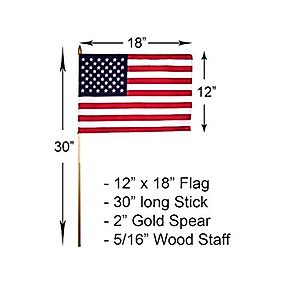 GIFTEXPRESS 12-Pack Made in USA 12x18 Inch US Stick Flags with Spear Tip, 12in x18 inch Handheld American Stick Flags, Grave Marker American Flags, Cemetery Flags on 30" Dowel with 2’’gold Tip
