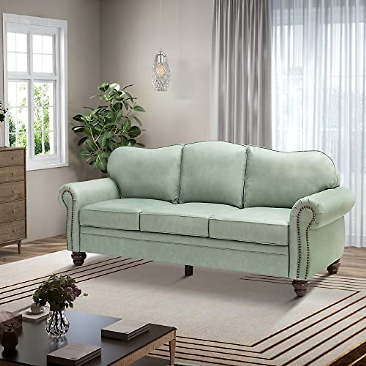 HULALA HOME 81'' Upholstered Leather Sofa with Nailhead Trim and Rolled Armrests, Mid-Century Modern Living Room 3-Seater Couch, Sage Couch with Removable Cushion for Bedroom Apartment
