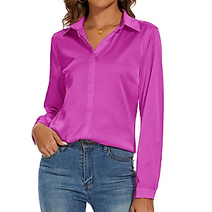 Women's Silk Blouse Long Sleeve Lady Shirt Casual Office Work Blouse Button-Down Shirts Tops(Hot Pink,M)