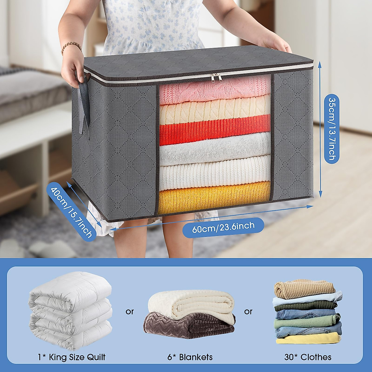 AIOR 4 Pack Clothes Storage Bags, Foldable Fabric Blanket Storage Bag, Storage Containers for Organizing, Clothing, Comforter, Sweater, Bedding, Bedroom, Pillows and Organization and Storage (Gray)