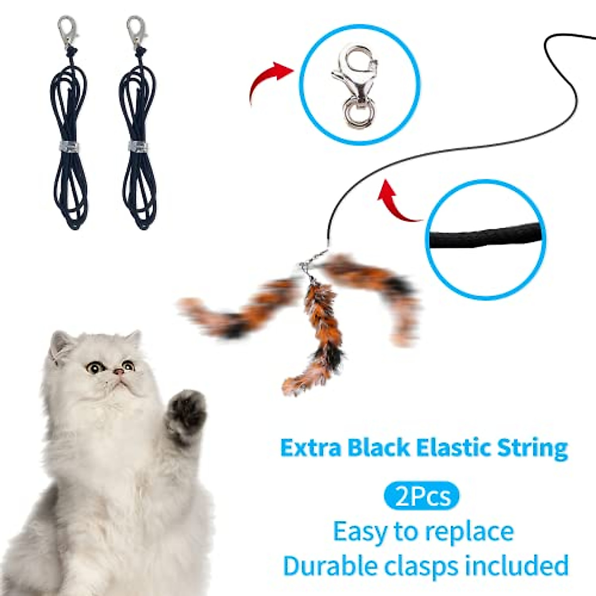 Petstie Cat Feather Teaser Toy, 2PCS Retractable Cat Wands,11PCS Teaser Refills with Bells and Extra 2PCS Elastic Strings, Cat Wand Toys for Indoor Cats