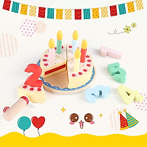 Steventoys Wooden Cutting Birthday Cake Toys,Birthday Fake Cake Toy with Candles and Numbers, Pretend Play Food Set ,Montessori Tea Party Toys Learning Kitchen Toys for Boys Girls 1-6 Years