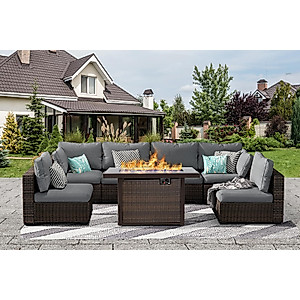 Grezone Patio Furniture Sets 7 Pieces with Fire Pit Table Patio Sectional Outdoor Furniture Sofa Chairs Set PE Rattan Wicker Couch Conversation Set with No-Slip Cushions Waterproof Covers Grey