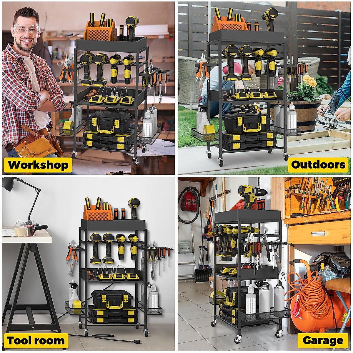 melos Power Tool Organizer Cart, Garage 4 Drill Shelf Rack, Power Tool Organizer with Charging Station, Tools organizer cart with wheels, Tool Box Utility Cart for Mechanic, Black