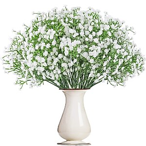 BUSSLANDY Bosslandy Babys Breath Artificial Flowers Fake Bule Bouquet of Flowers for Wedding 12 Pcs Faux Dried Baby's Breath Crown Silk Real Touch Gypsophila for Home Party Garden Decoration(White)