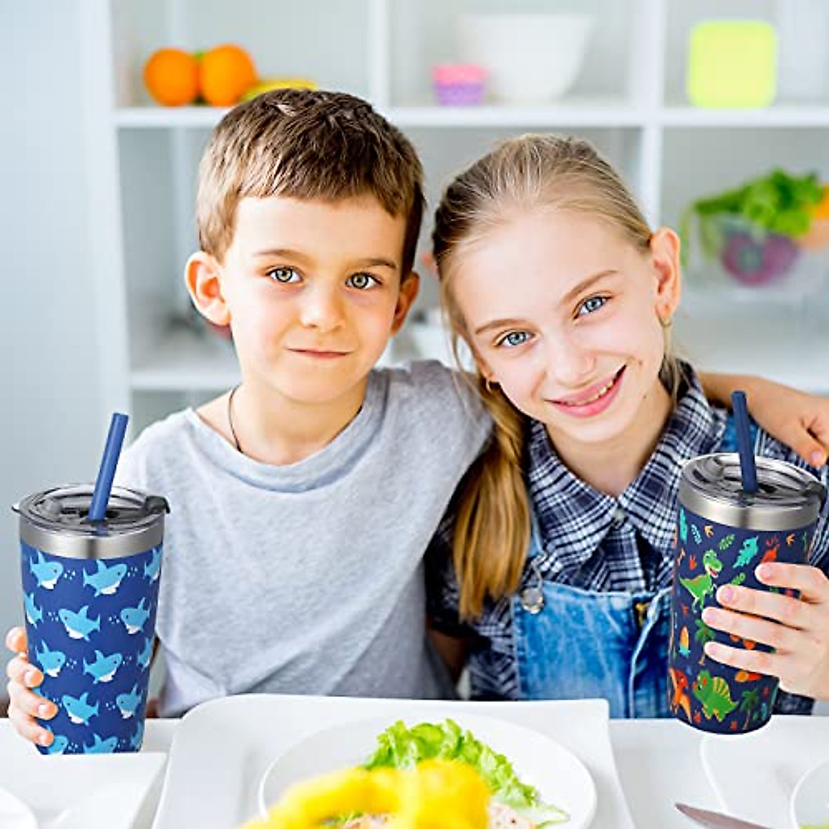 4 Pack Kids Cups with Straw Lid, Toddler Smoothie Cup Spill Proof Vacuum Stainless Steel Insulated Tumbler for Boys, 4 Styles Powder Coated Baby Child Cup + BPA Free Lids + Silicone Straws (12 Oz)