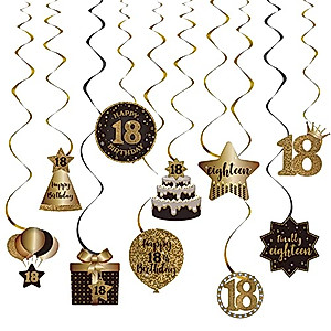 Happy 18th Birthday Party Hanging Swirls Streams Ceiling Decorations, Celebration 18 Foil Hanging Swirls with Cutouts for 18 Years Old Black and Gold Birthday Party Decorations Supplies