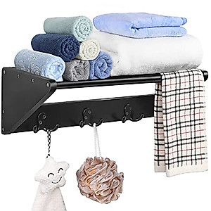 MaxGear Towel Racks for Bathroom, Towel Holder Wall Mounted, Bathroom Shelf Decor, Hanging Bathroom Rack with 3 Double Hooks, Farmhouse Toilet Shelf Black Towel Hanger, Bathroom Organizer and Storage