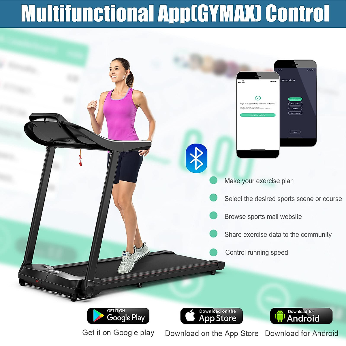 Goplus 2.25HP Electric Folding Treadmill, Portable Superfit Treadmill W/APP Control, LED Display, Blue Tooth Speaker, 12 Preset Programs, Compact Running Jogging Machine for Home Apartment