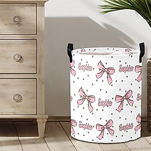 Personalized Laundry Basket Hamper,Pink Bow Dots Name Text,Collapsible Storage Baskets with Handles for Kids Room,Clothes, Nursery Decor