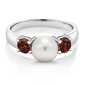 Gem Stone King 925 Sterling Silver Freshwater Pearl and Red Garnet Ring For Women (0.80 Cttw, Gemstone January Birthstone, Size 7)