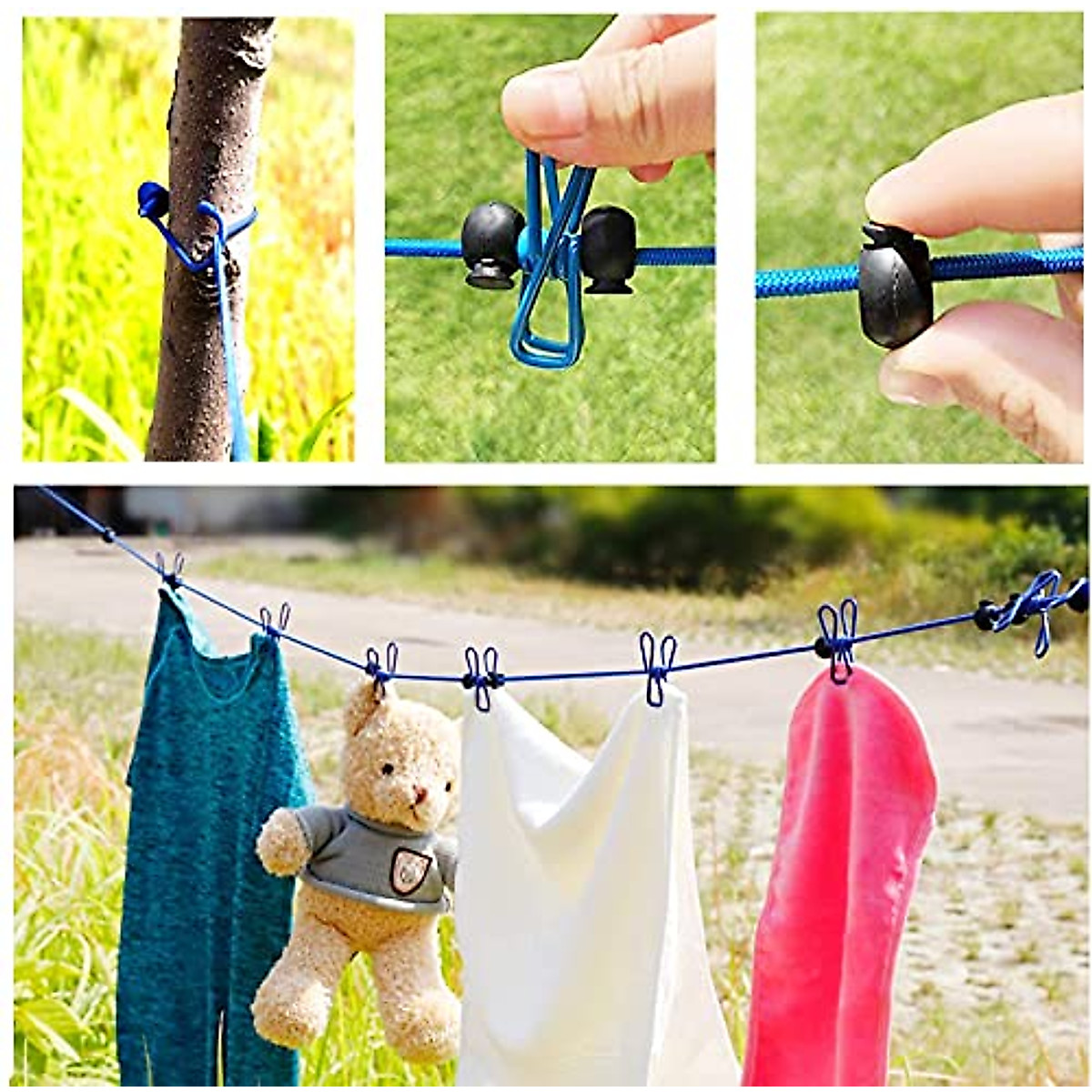 3 Pack Portable Clothesline Windproof Laundry Elastic Travel Clotheslines for Backyard & Balcony Camping on Boat Vacation Hotel Stretchy Retractable Indoor Outdoor Clothes line with 12 Clothespins