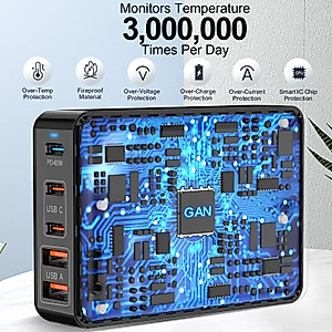 Fast Charger USB C 100W, 5 Ports Charging Blocks Ultra Thin Flat Plug, USB Charging Hub with 360° Rotated Adhesive Punch-Free Holder, Charging Station for Laptops, Tablets, Cellphones Stuff