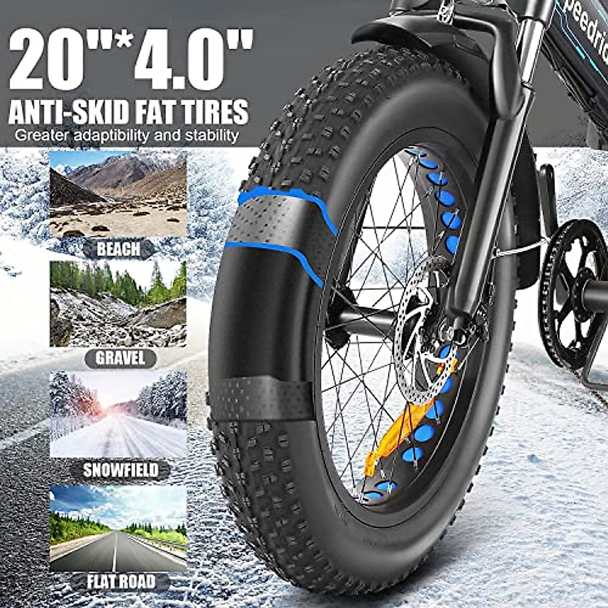 ANCHEER Electric Bike, 20'' X 4.0'' Fat Tire Electric Bike 500W Folding Electric Bike Features 48V 10.4Ah Built-in Battery, LCD Display and 6 Speed, 20MPH Snow/Beach Ebike for Adult (Blue)