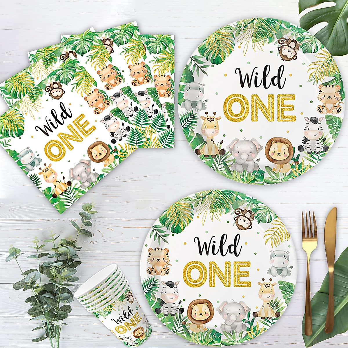 Jungle Safari Baby Shower Decorations Tableware Set Serves 24, Animals Paper Plates, Napkins, Cups, Cutlery for Baby Boy Wild One Birthday Baby Shower Party Supplies