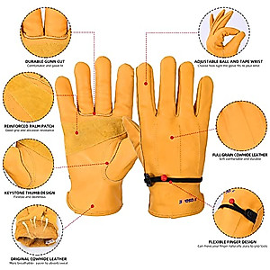Cowhide Leather Work Gloves-HANDSOME PROTECTION with Leather Palm Patch/ Adjustable Wrist , Durable, Abrasion, Puncture and Cut Resistant Gardening Glove for Men Women Gold 1 Pair (Large, Golden) …