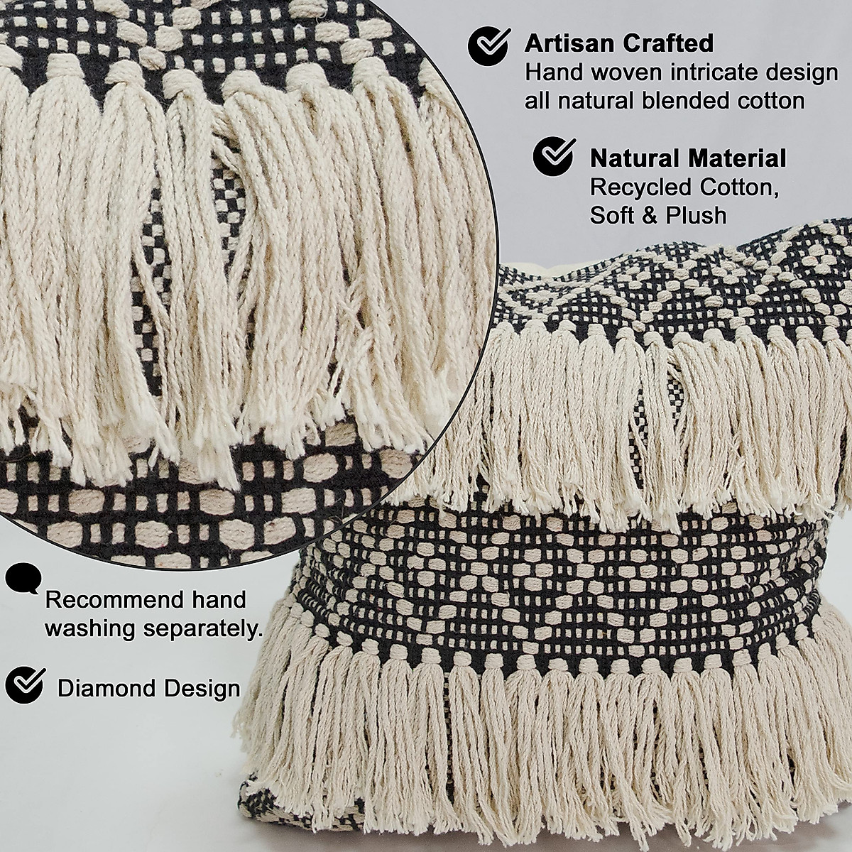Chardin home Black & Ivory Boho Pillow Covers, Set of 2 Decorative Throw Pillow Covers 20x20 with Fringe Tassels | Farmhouse Pillow Cover with Woven Diamond Design