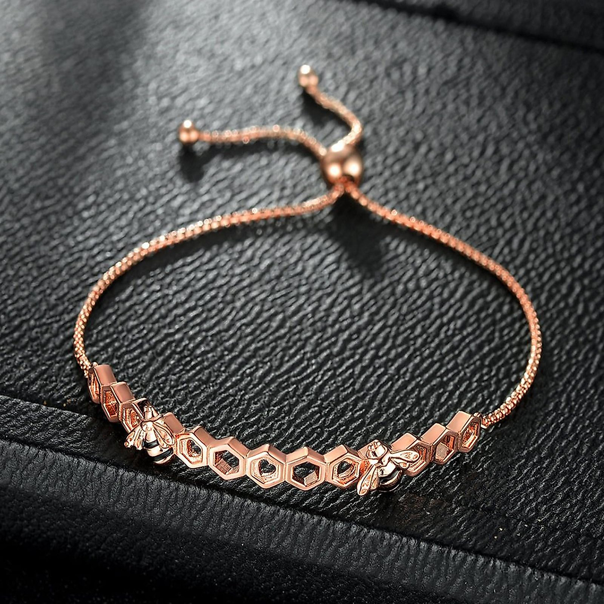 Presentski Bee Honeycomb Bracelet 925 Sterling Silver, Rose Gold Plated Adjustable Jewelry for Women