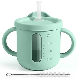 Palmatte Baby Toddler Cups with Straw: 200ml Perspective Silicone Training Cup with Lid Handle Marks for Infants 6 Months+, Open Sippy Cup Baby Led Weaning Supplies Baby Shower Gifts (Sage Green)