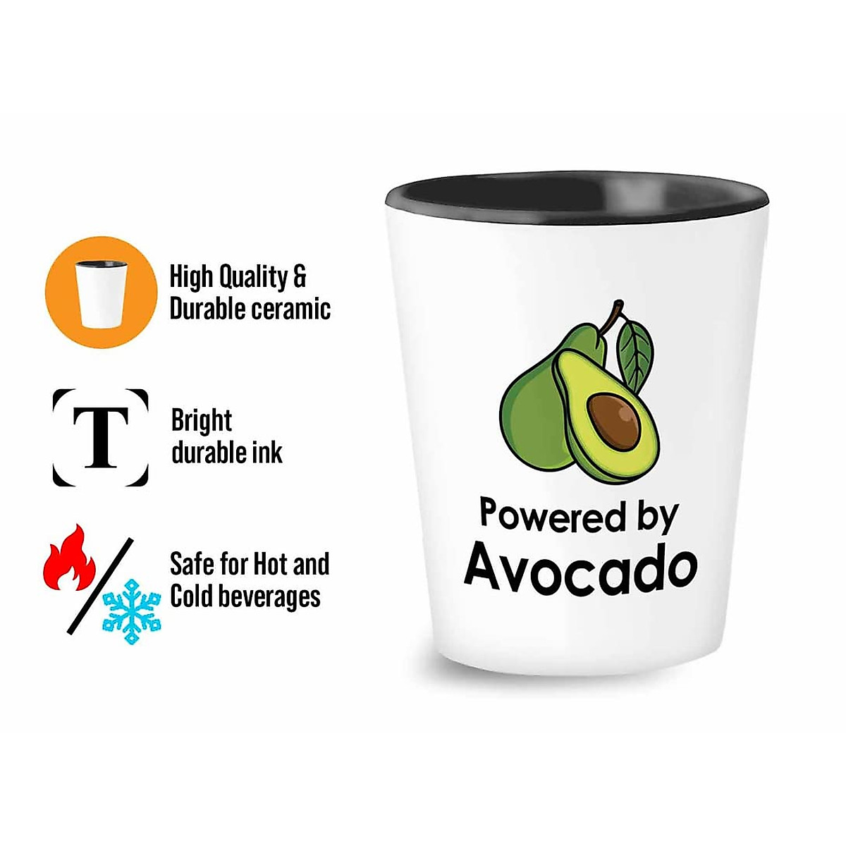 Flairy Land Vegan Shot Glass 1.5oz - Powered by Avocado - Fruitarian Herbivorous Vegetarian Diet Healthy Plant Based Gluten Free Veggie Veganism