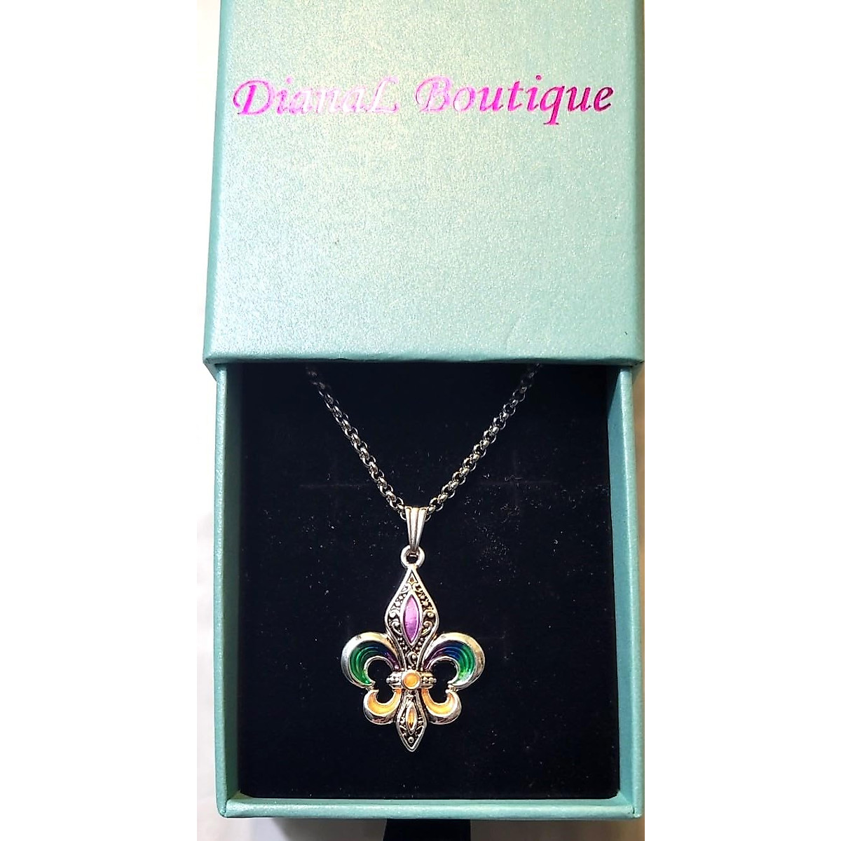 DianaL Boutique Fleur De Lis Mardi Gras Pendant Necklace with 18" Stainless Steel Chain Gift Boxed Fashion Jewelry
