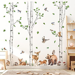 wondever Large Birch Tree Animals Wall Stickers Forest Owl Fox Bear Deer Peel and Stick Wall Art Decals for Baby Nursery Kids Bedroom Living Room