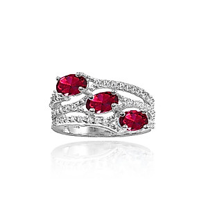 Ice Gems Sterling Silver Created Ruby and White Topaz Oval Three Stone Ring, Size 9