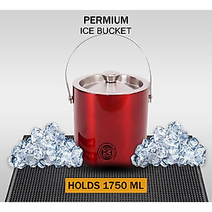 King International Stainless Steel Double Walled Insulated Red Ice Bucket with Lid & Handle, 1.75 LTR 84 Quarts, Ice Tong, Keeps Ice Cold for 6 Hours, Bar Tools for Home Bar Accessories, Mini Bar
